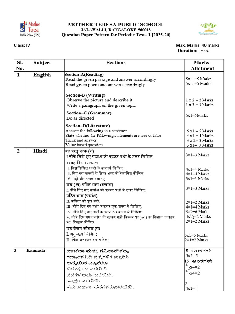Grade 4 QP Pattern (1) 2025-26 | PDF