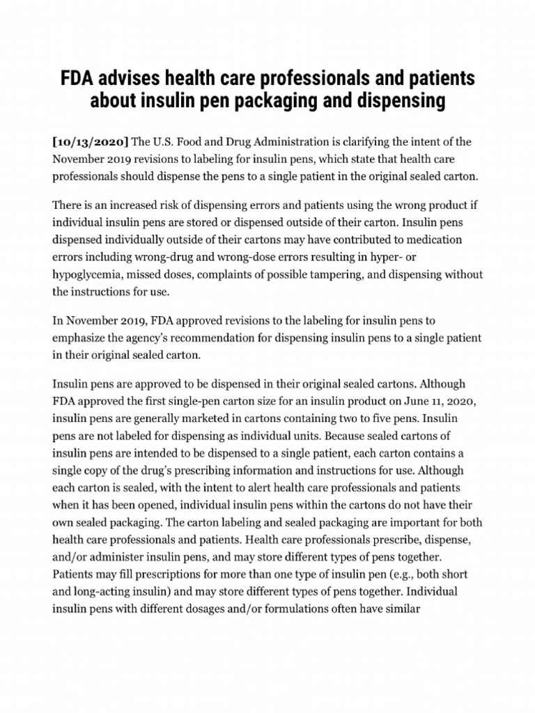 FDA Advises Health Care Professionals and Patients About Insulin Pen ...
