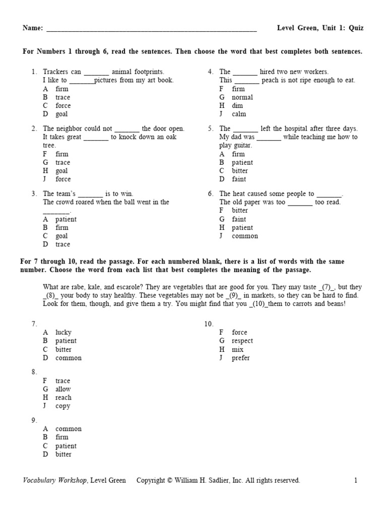 Vocabulary Workshop Green Quiz | PDF