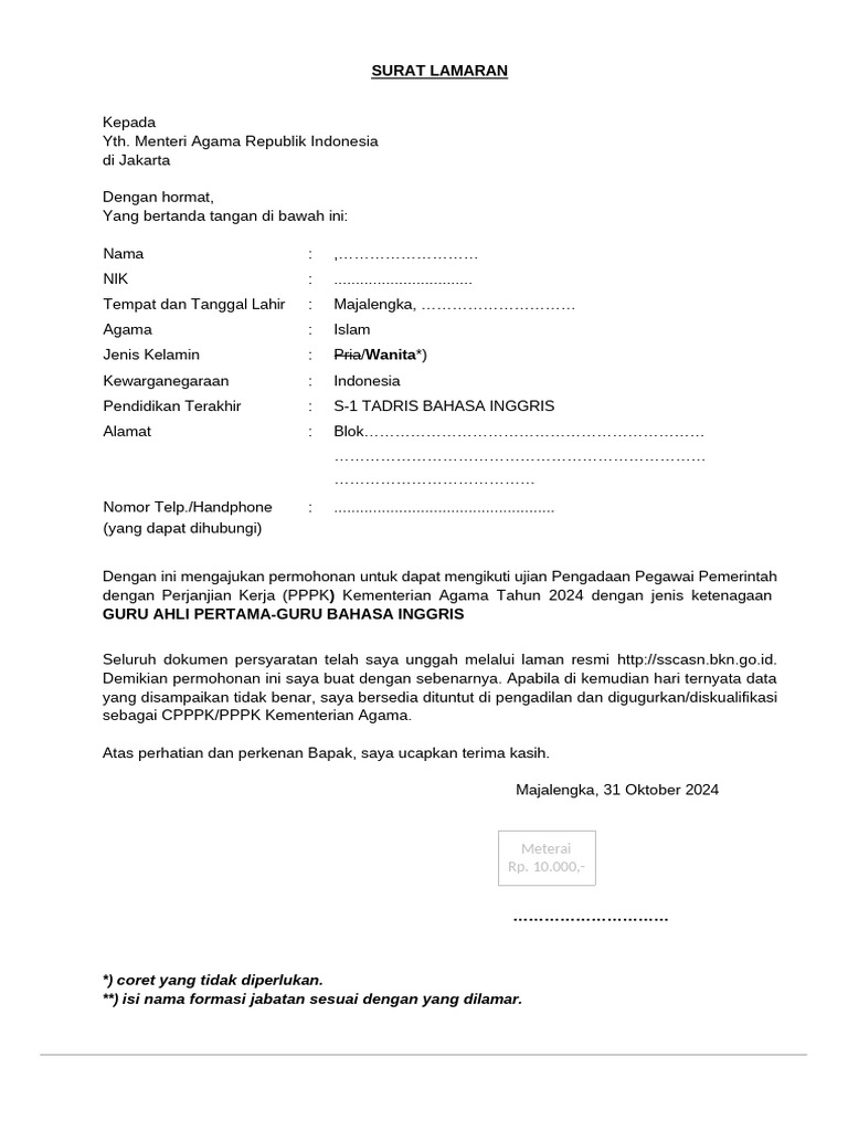 Form Surat Lamaran PPPK 2024 | PDF