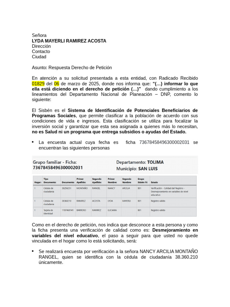 LYDA MAYERLI RAMIREZ ACOSTA Respuesta Derecho de Petición | PDF