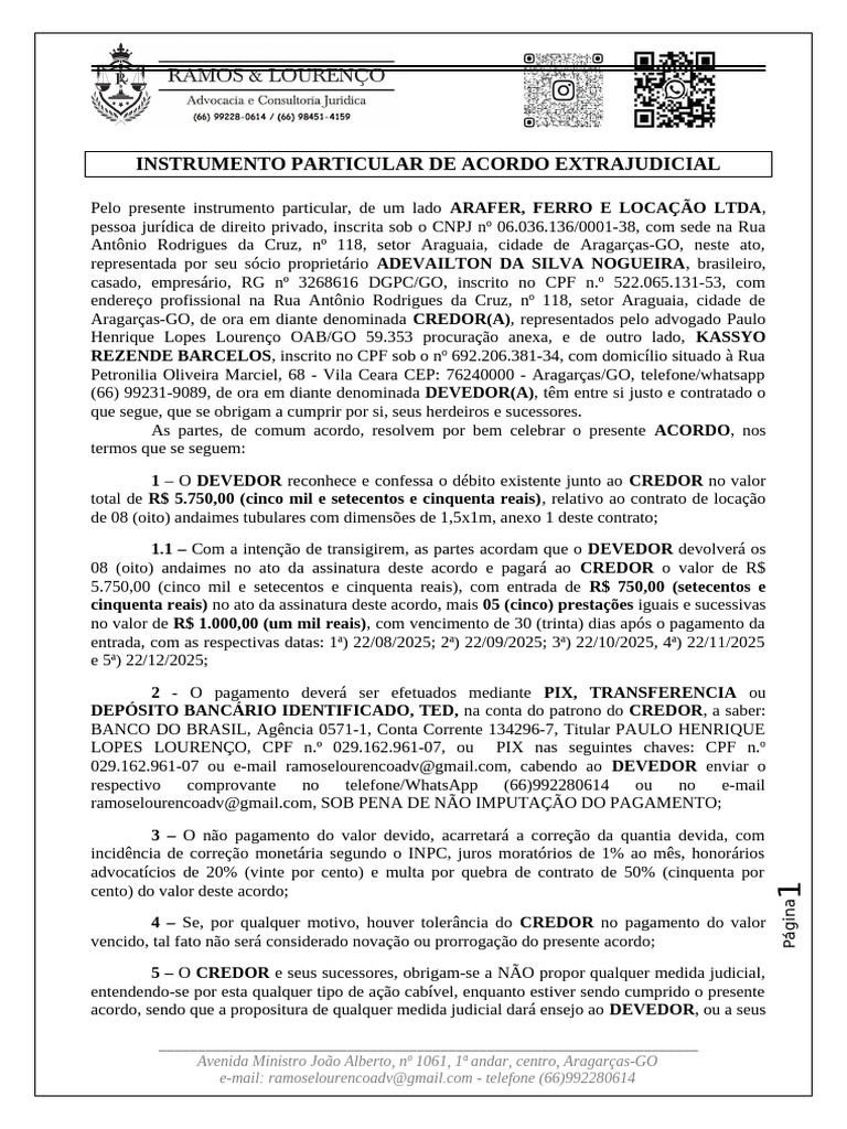Minuta de Acordo - Modelo Extrajudicial | PDF