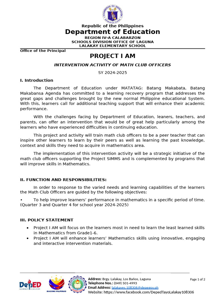 Project I AM: Math Club Intervention Plan | PDF | Teachers | Mathematics