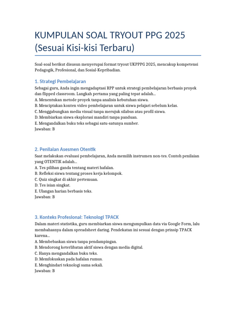 Soal Tryout PPG 2025 KisiKisi Terbaru | PDF