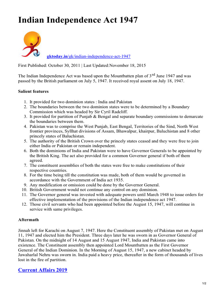 Key Features of Indian Independence Act | PDF | Partition Of India ...