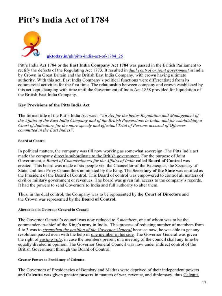 Gktoday.in-pitts India Act of 1784 | PDF | Legal Documents | Governance