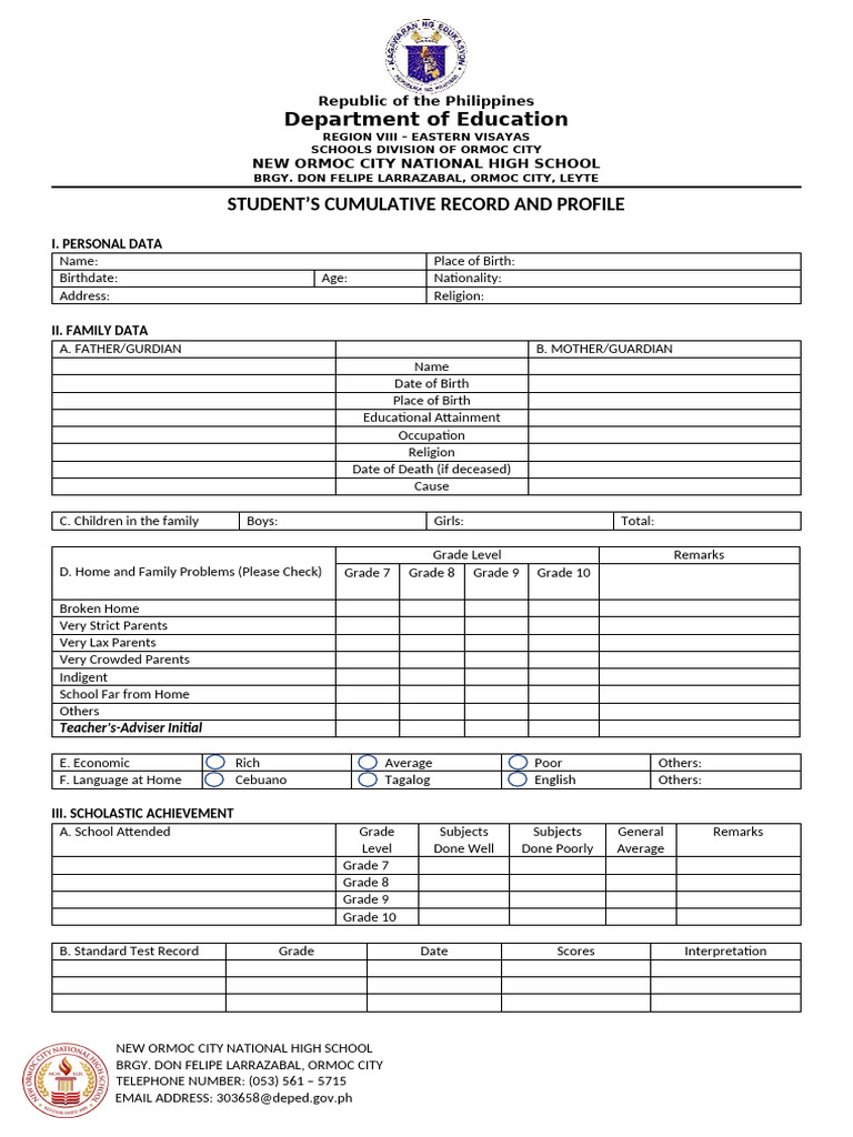 Student Cumulative Record Template | PDF
