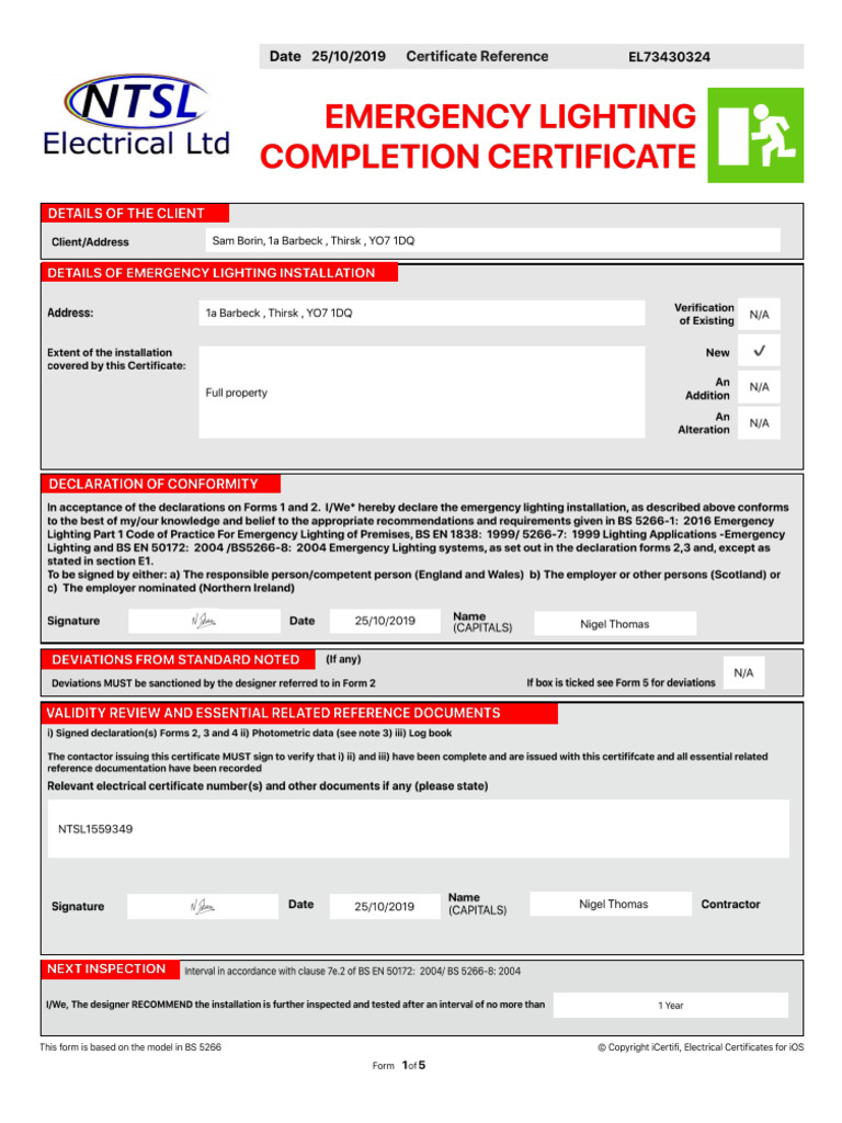 Emergency Lighting Certificate EL73430324 - 13!11!2019 | PDF