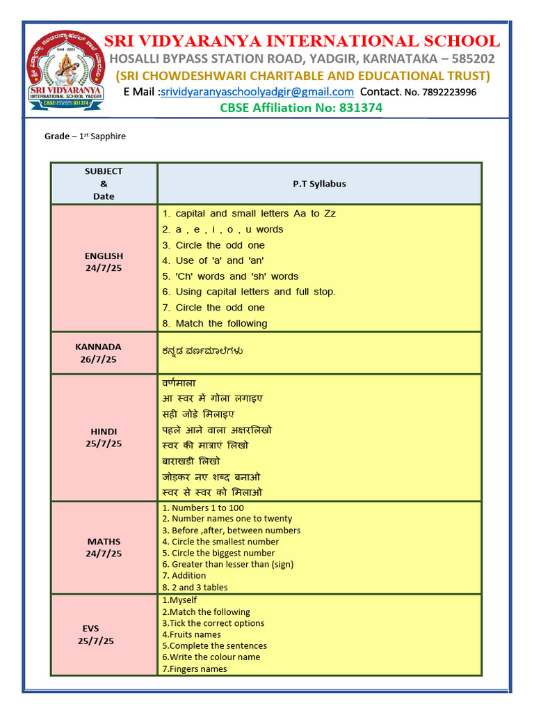 Grade 1 Syllabus - Sri Vidyaranya School | PDF
