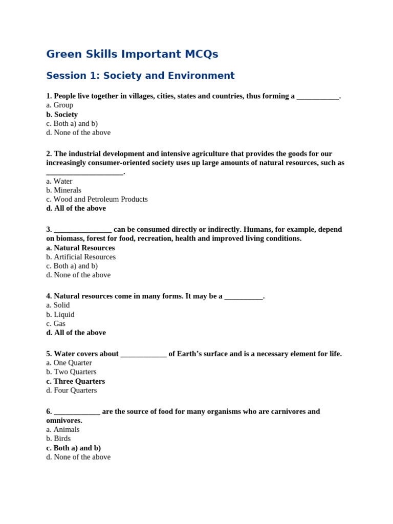 10 Green Skills Important MCQs | PDF | Renewable Energy | Energy ...