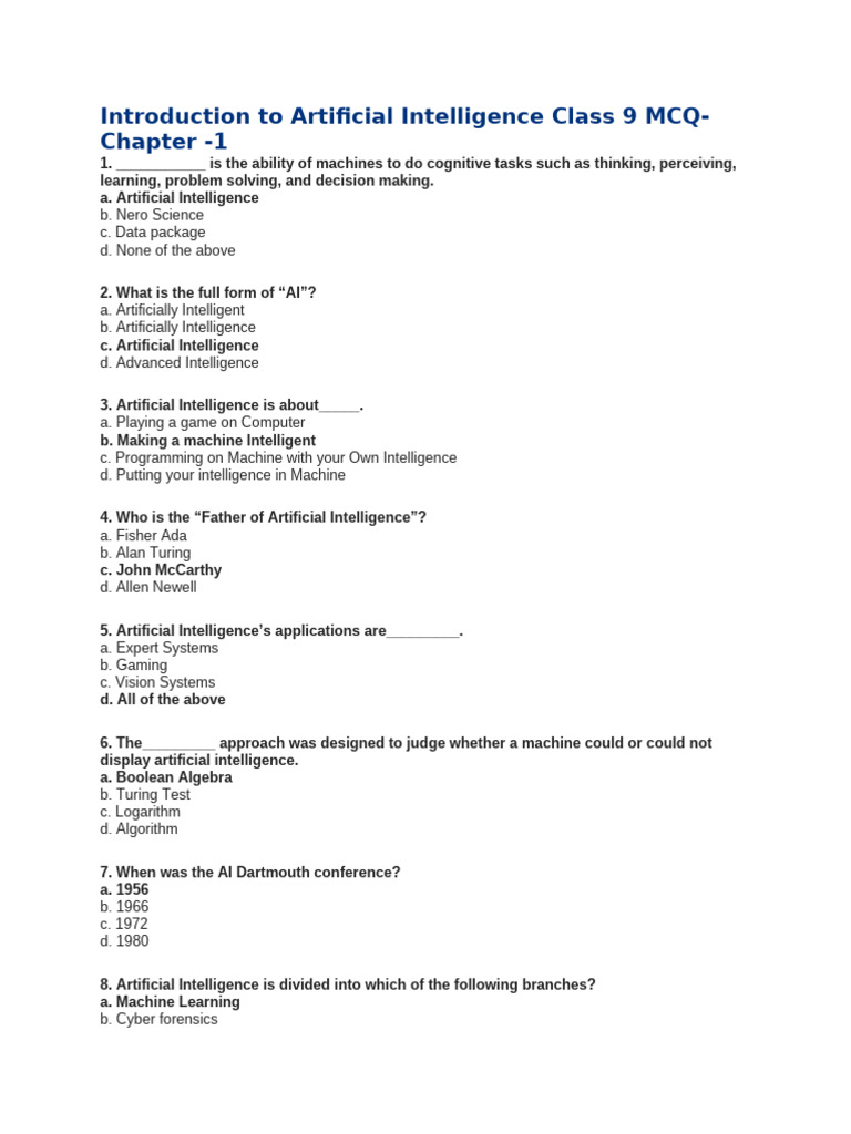 9 CH-1 MCQ Introduction To Artificial Intelligence | PDF | Artificial Intelligence ...