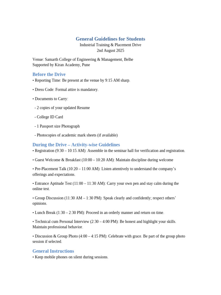 Placement Drive Guidelines at Samarth College | PDF