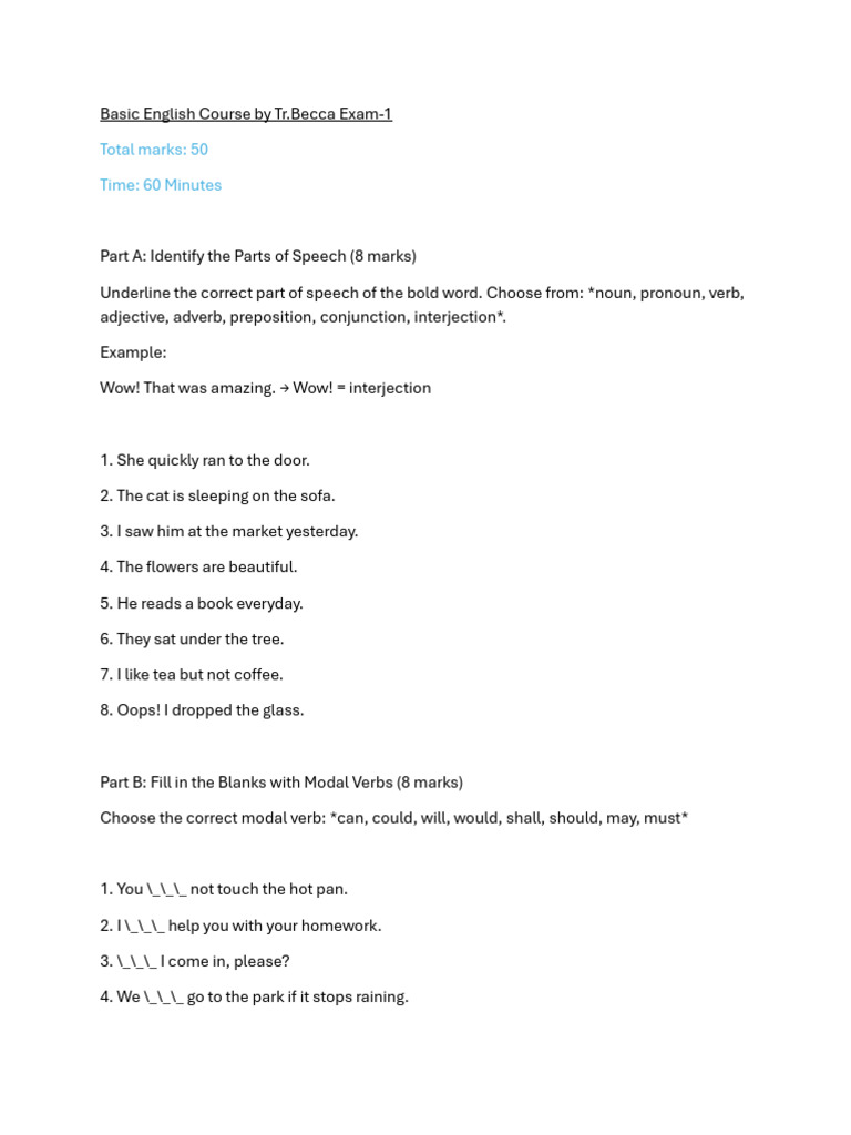 Basic English Exam-1 | PDF