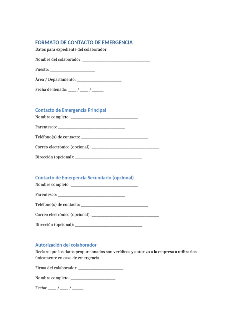 Formato Contacto Emergencia | PDF