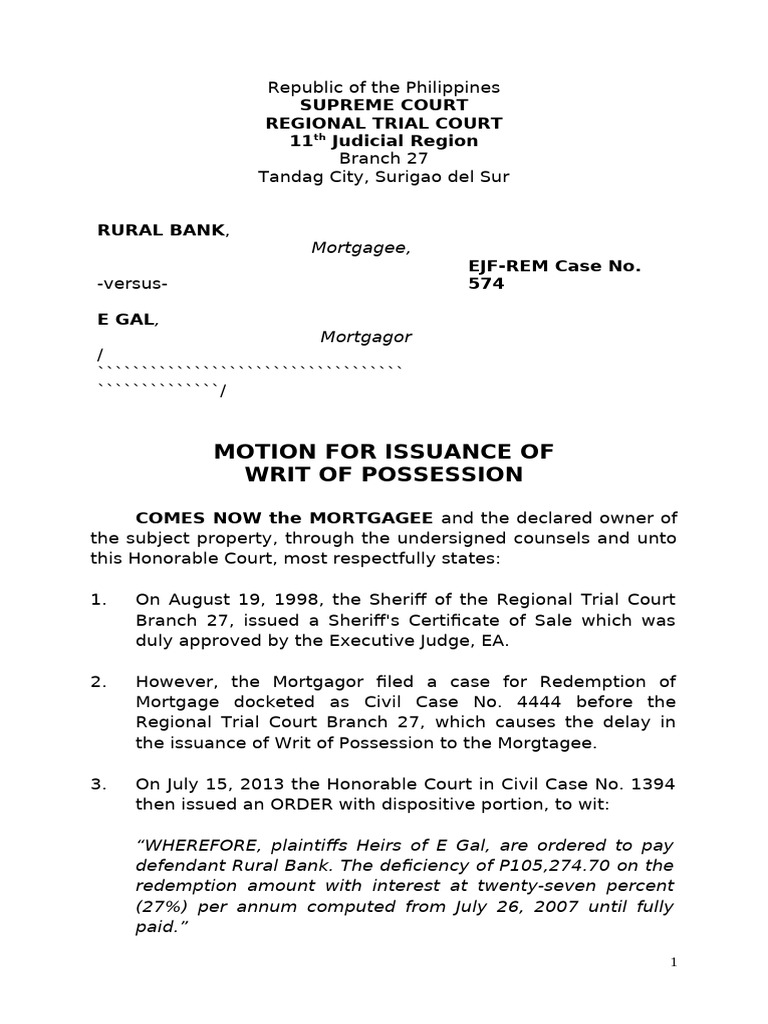 SAMPLE OF MOTION FOR WRIT OF POSSESSION EJF | PDF | Mortgage Law | Foreclosure