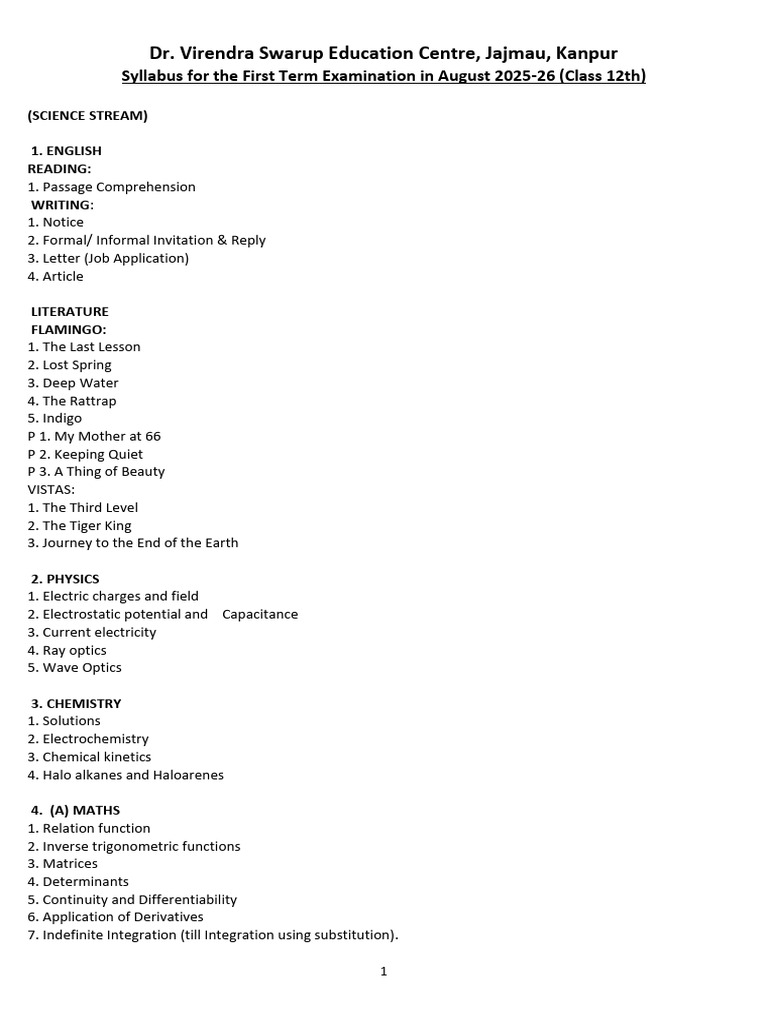 12th Grade August 2025 Syllabus | PDF
