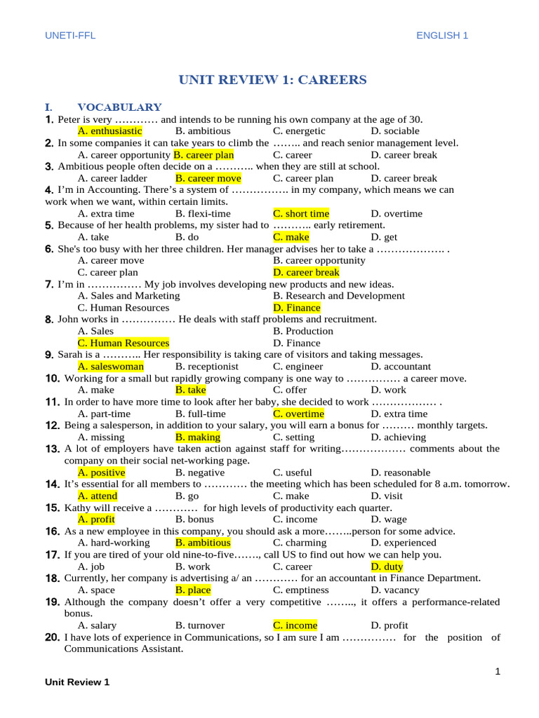 Career Vocabulary and Grammar Review | PDF | Compact Disc | Compact ...