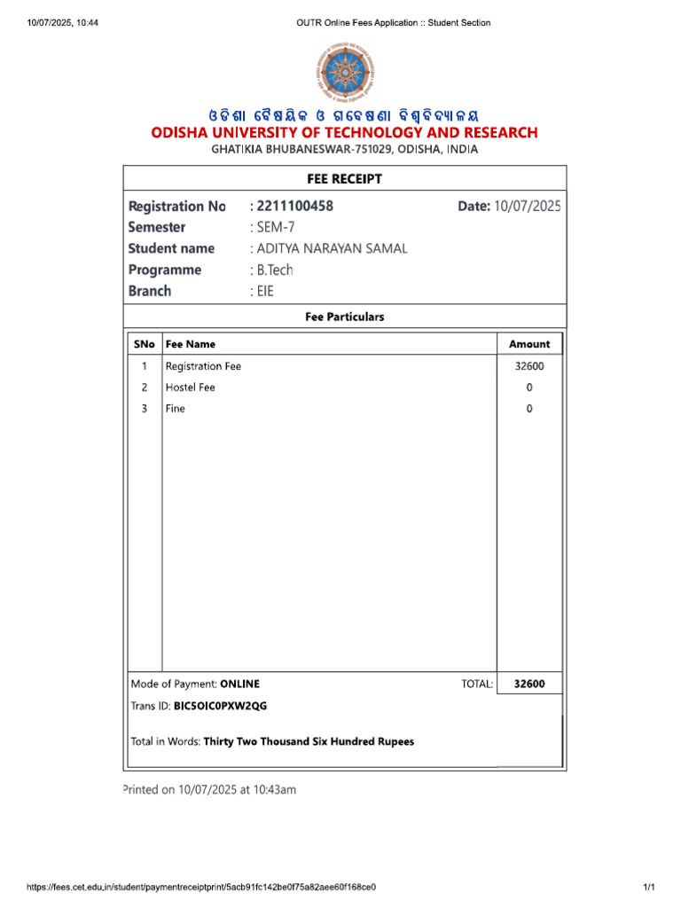 4th Year Fee Recipt | PDF