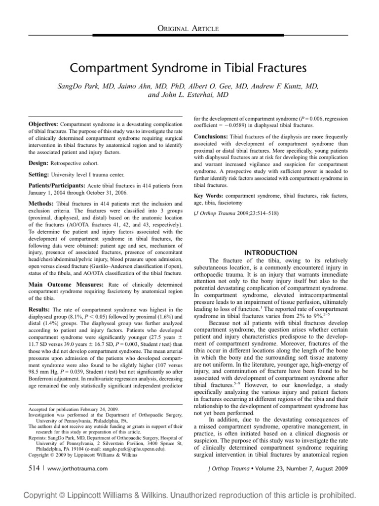 Compartment Syndrome in Tibial Fractures | PDF | Blood Pressure ...
