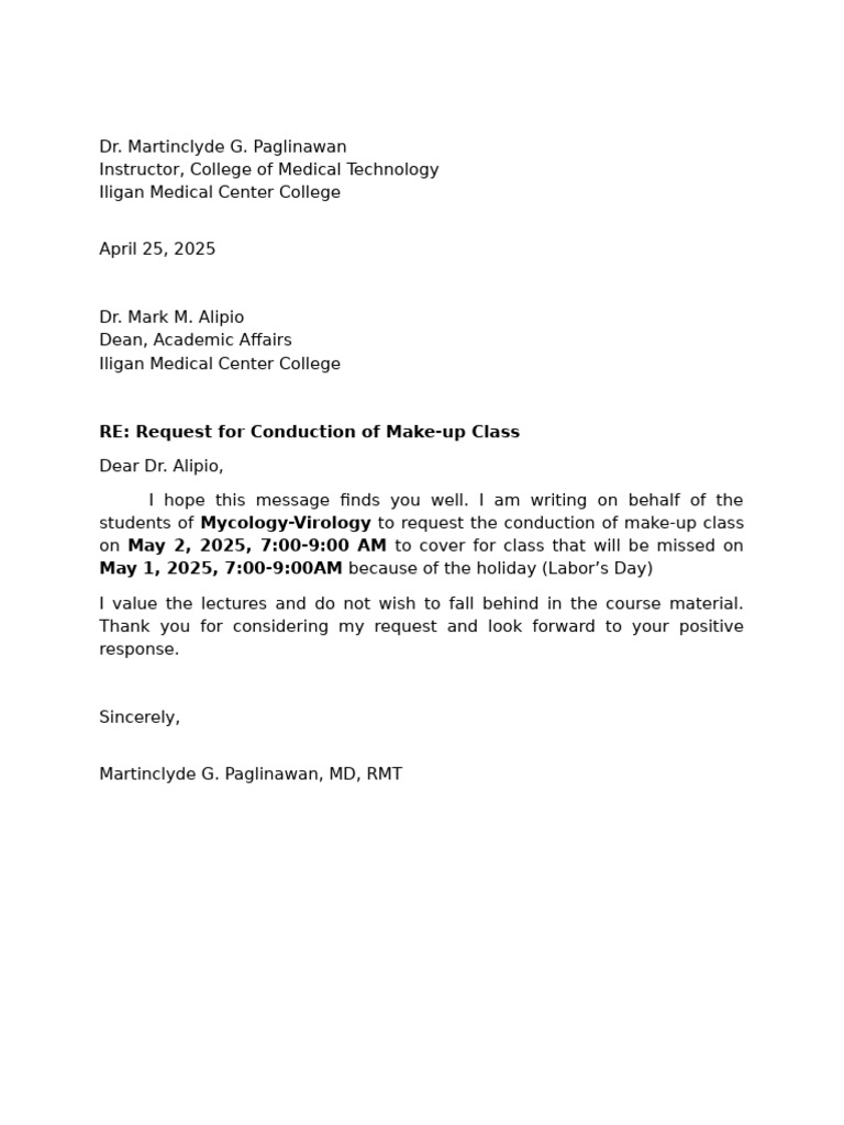 Make-Up Class Letter | PDF