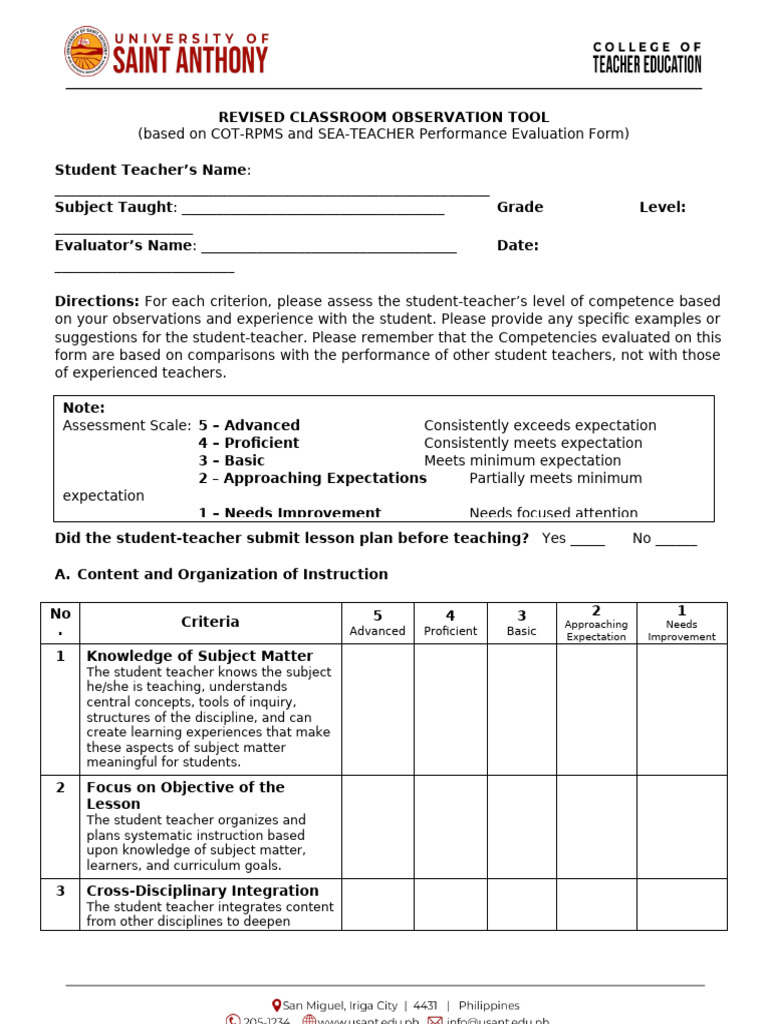 Classroom Observation Evaluation Tool | PDF | Teachers | Educational ...