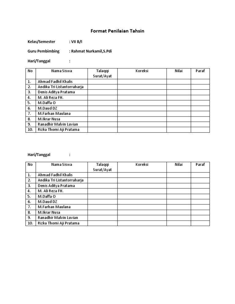 Format Penilaian Tahsin | PDF | Karier & Perkembangan | Seni & Disiplin ...