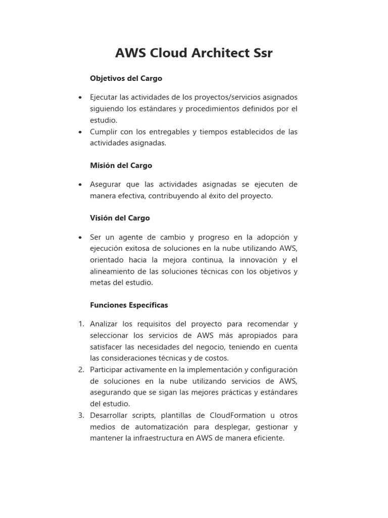 Perfil AWS Cloud Architect SSR | PDF | Computación en la nube ...