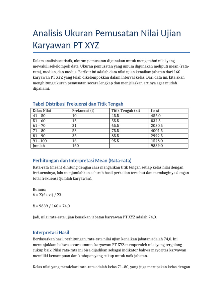 Ukuran Pemusatan Nilai Ujian Karyawan PT XYZ | PDF