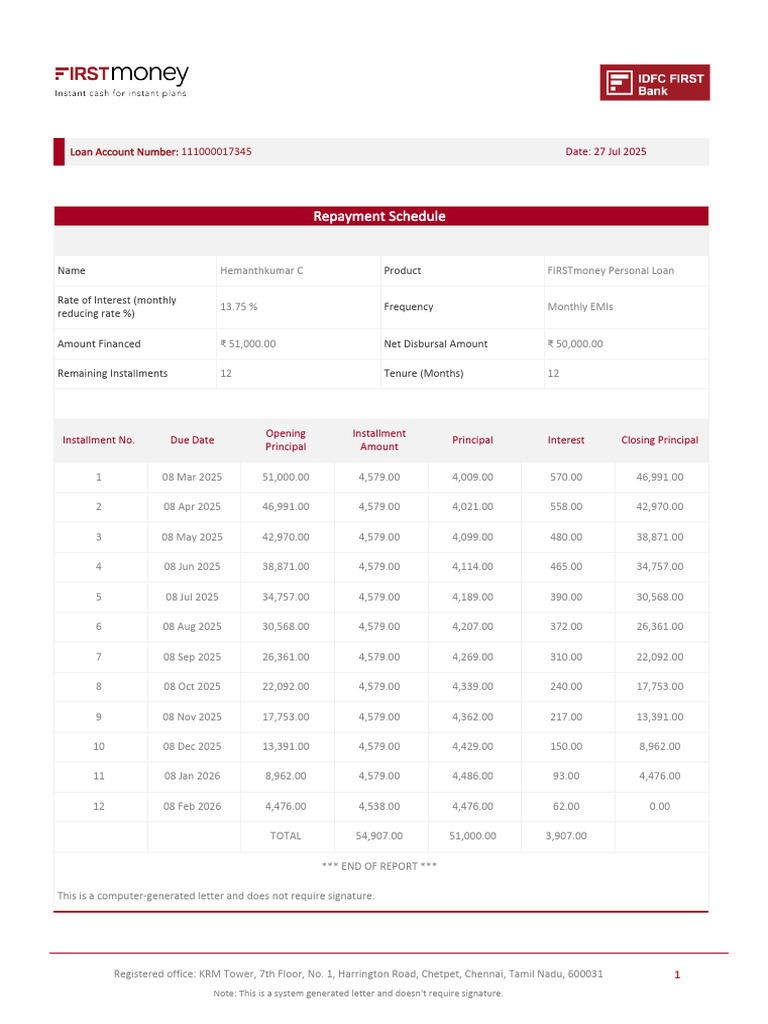 Repayment Schedule - 111000017345 - 131827128 | PDF | Interest | Banking