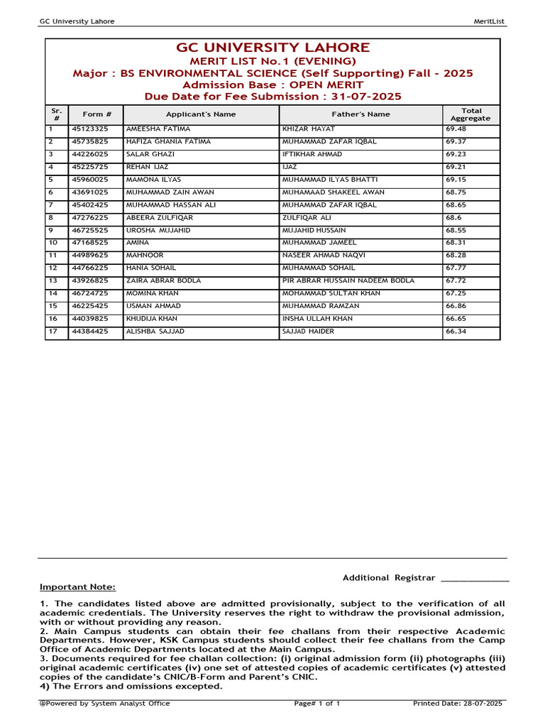 BS Environmental Science Evening 1st List PDF | PDF