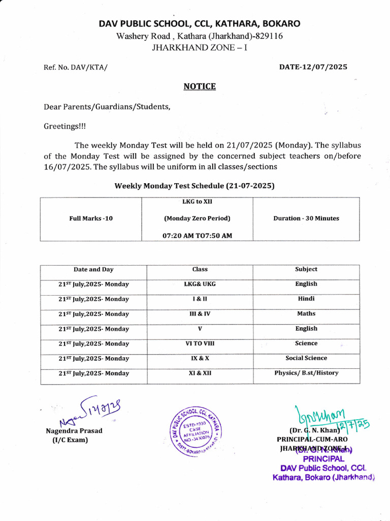 Notice For Weekly Test | PDF
