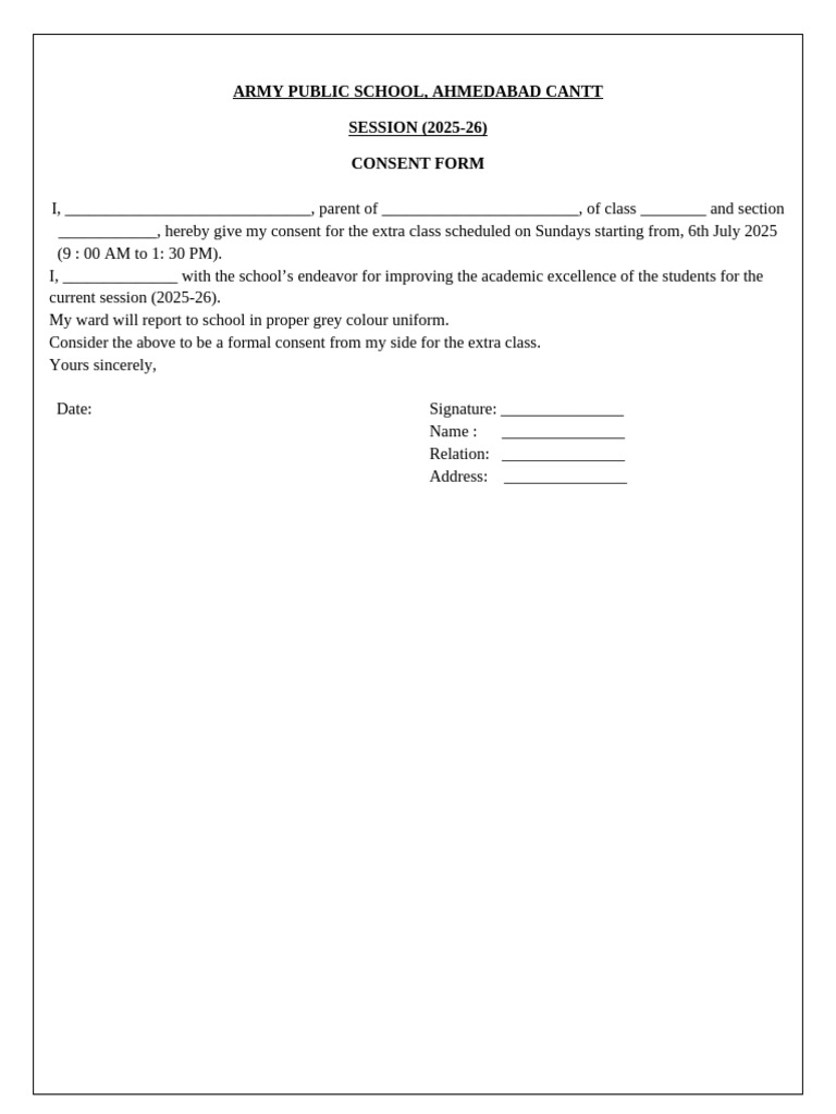 Consent Form Extra Class 6 July 2025 | PDF
