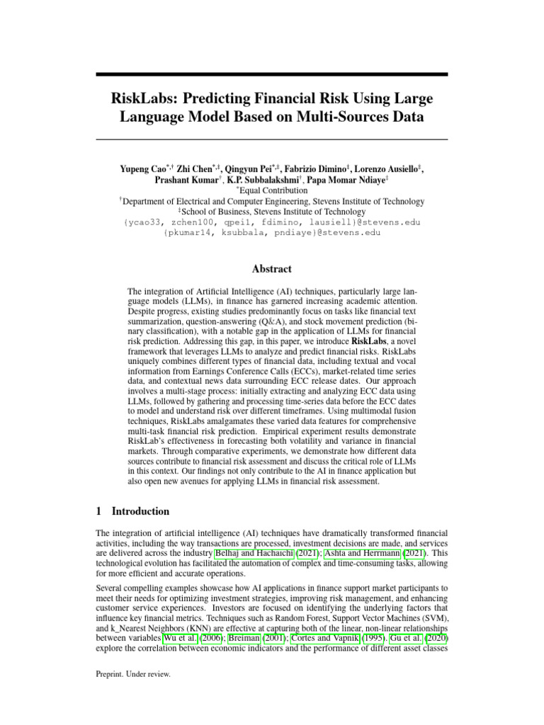 Risklabs Predicting Financial Risk Using LLms | PDF | Value At Risk | Forecasting