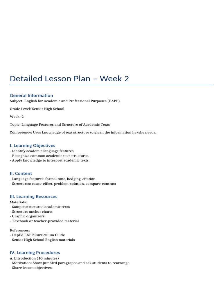 EAPP Week2 Lesson Plan | PDF