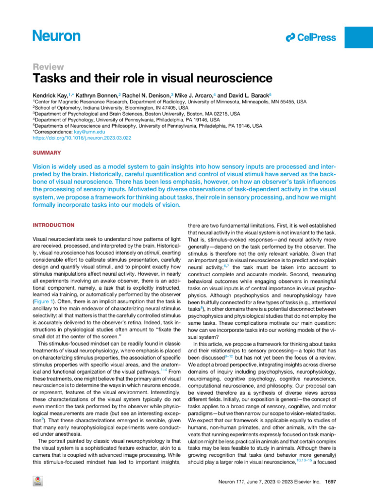 Tasks and Their Role in Visual Neuroscience 2023 N | PDF | Attention ...