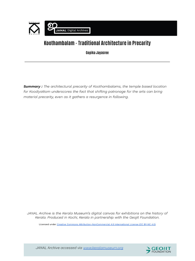 Koothambalam Traditional Architecture in Precarity | PDF