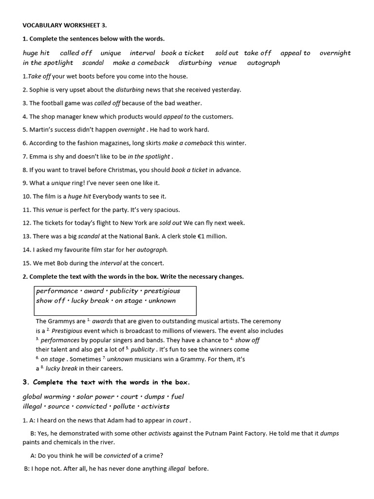 Vocabulary worksheet 3 answer key (1) | PDF