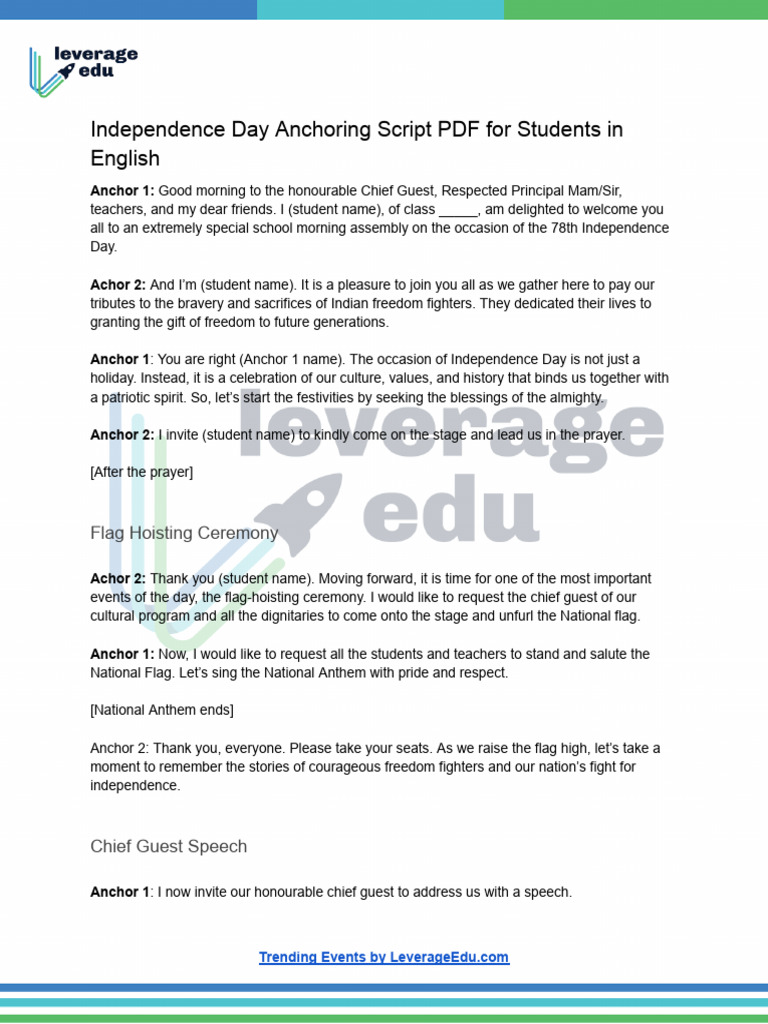 Independence Day Anchoring Script PDF For Students in English | PDF ...