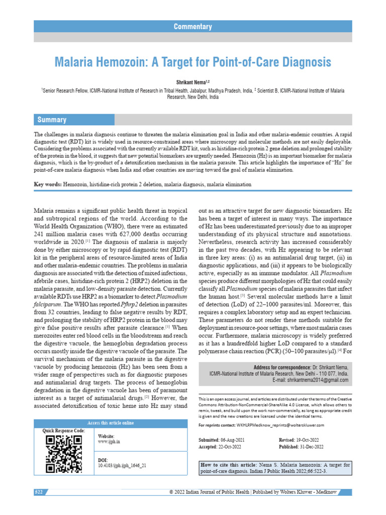 Hemozoin as Malaria Diagnostic Biomarker | PDF | Malaria | Plasmodium