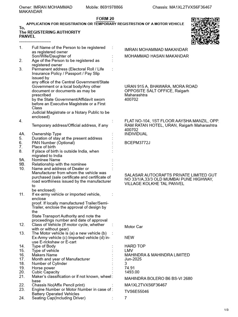 Imran Mohammad Makandar Form 20 | PDF | Semi Trailer Truck | Axle