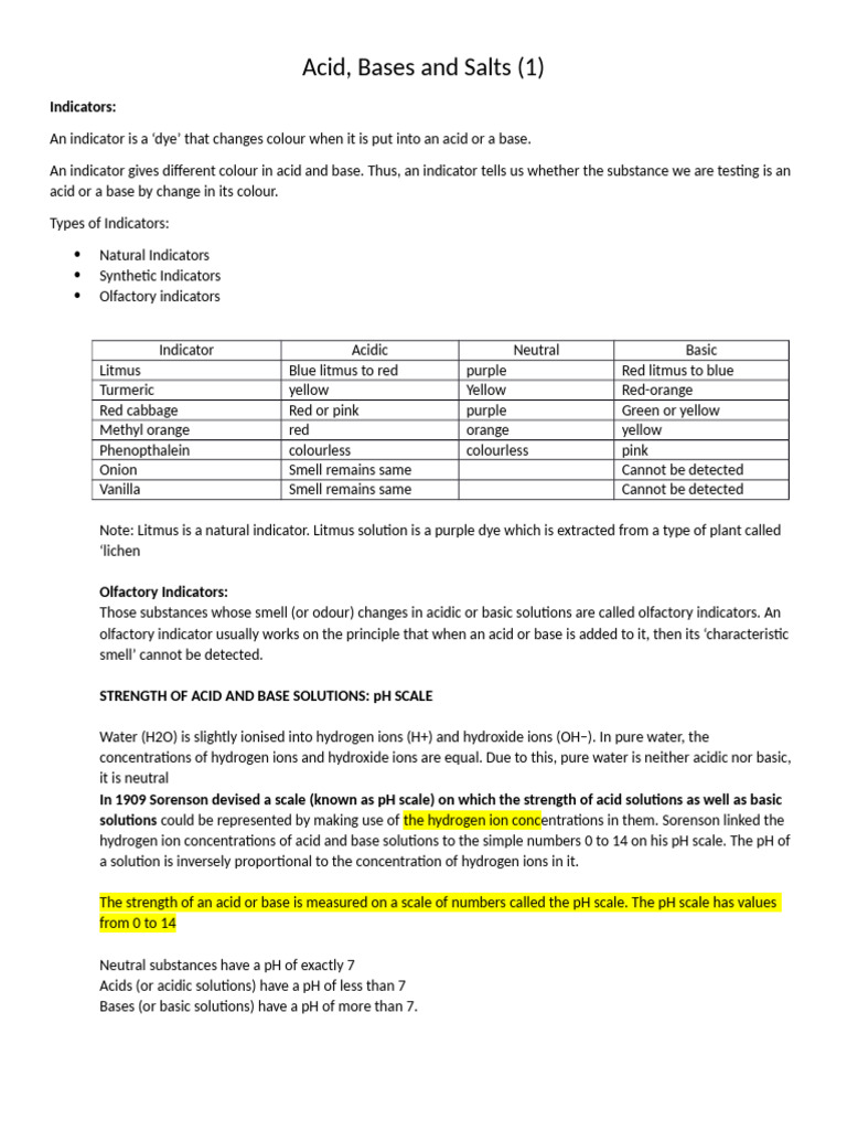 Acid Bases and Salts Notes Grade X - Ic555310 | PDF | Ph | Soil