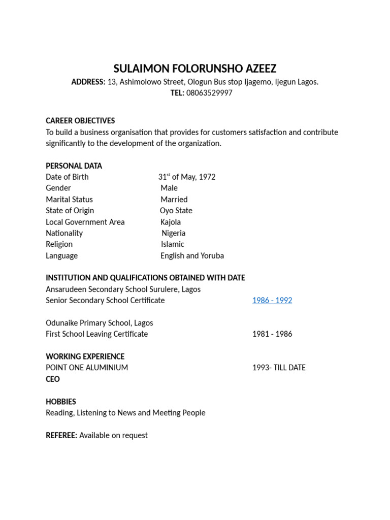 Sulaimon Folorunsho Azeez CV | PDF