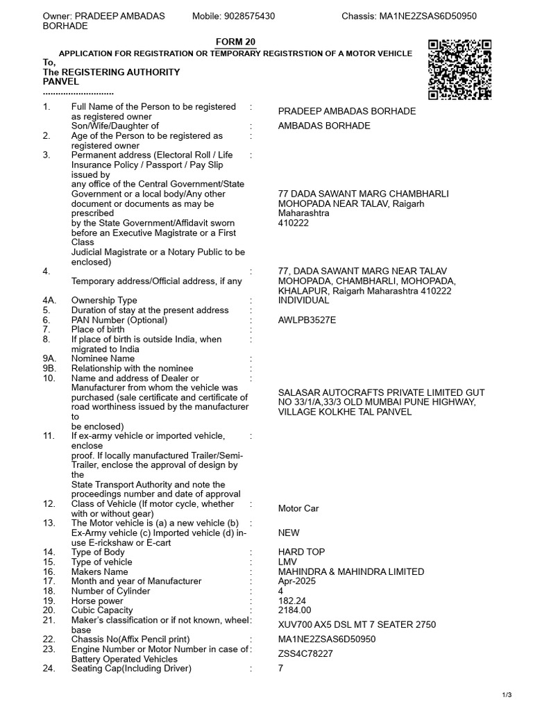 PRADEEP AMBADAS BORHADE FORM 20 | PDF | Semi Trailer Truck | Axle