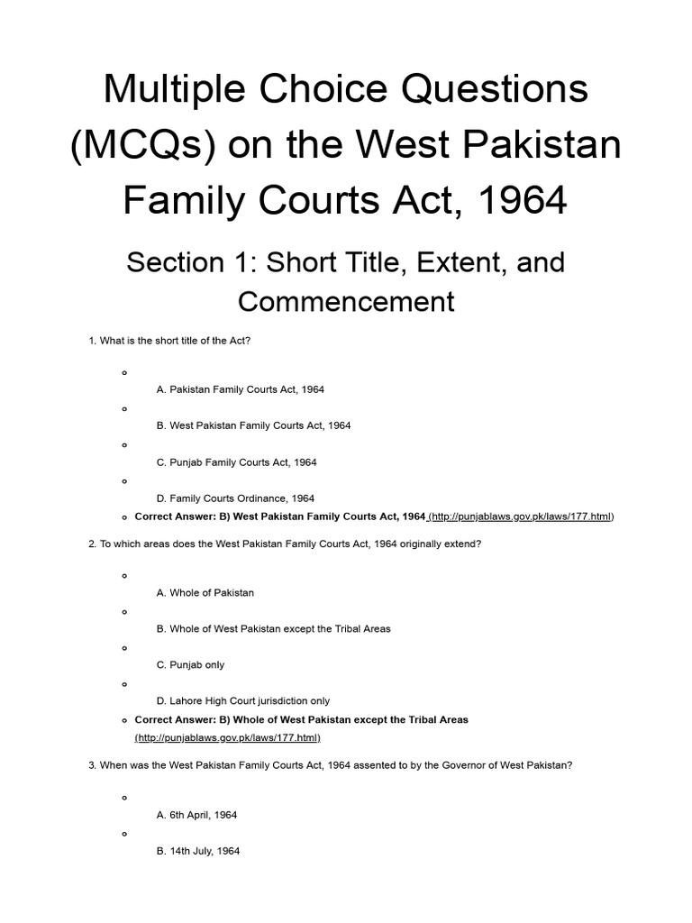 West Pakistan Family Courts Act 1964 MCQs | PDF | Lawsuit | Jurisdiction