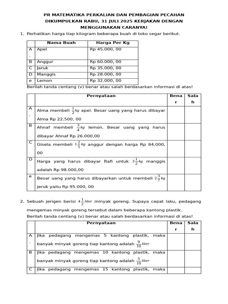 Pr Matematika Perkalian Dan Pembagian Pecahan | PDF