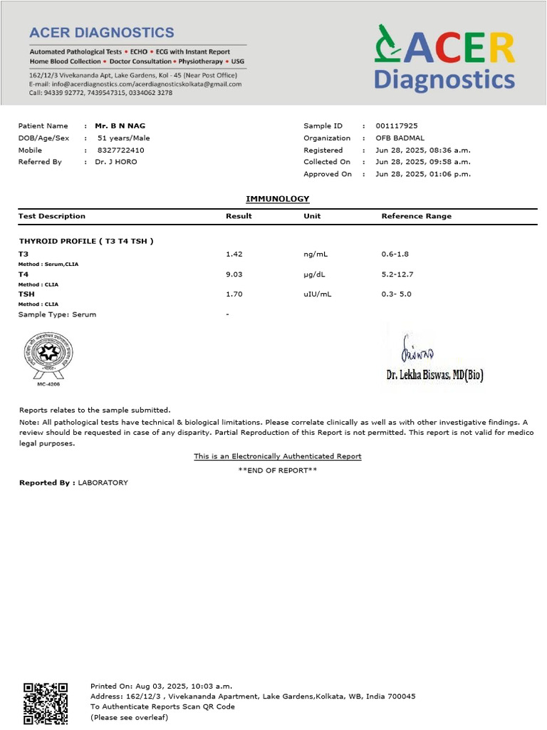 Immunology Test Description Result Unit Reference Range: Method: Serum ...