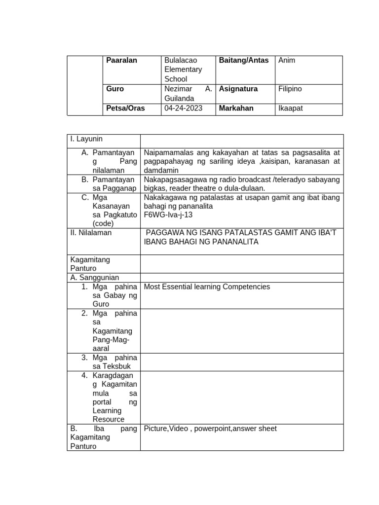 FILIPINO Q4 W1 G6 Nakakagawa NG Patalastas at Usapan Gamit Ang Ibat Ibang Bahagi NG Pananalita | PDF