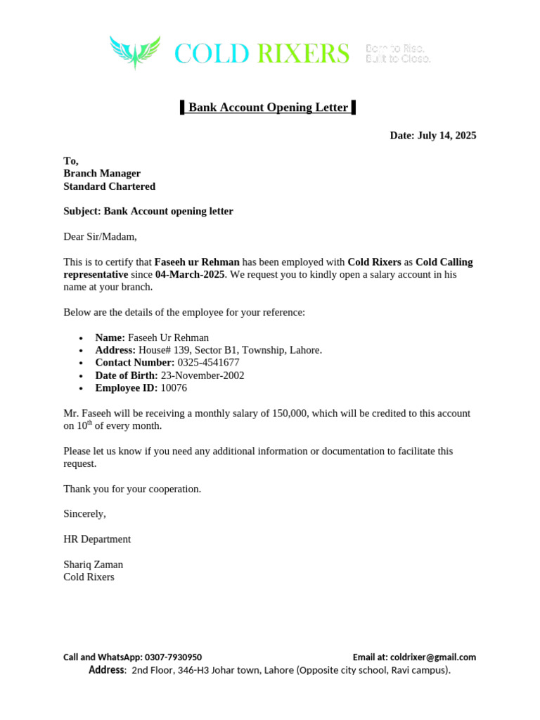Employee Bank Account Opening Request | PDF