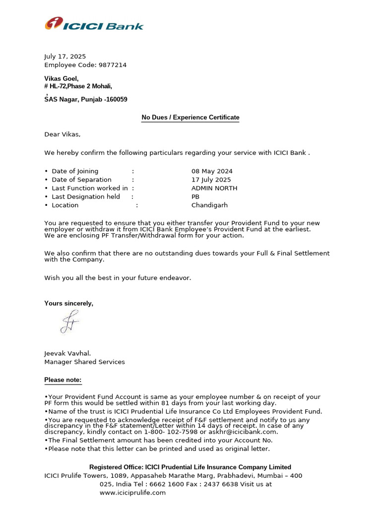 Vikas Goel ICICI Releaving | PDF