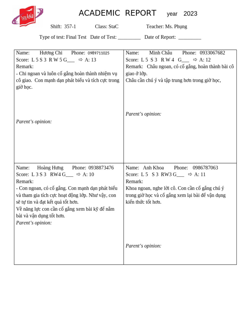 Academic Report Form Stac Ms Phụng | PDF